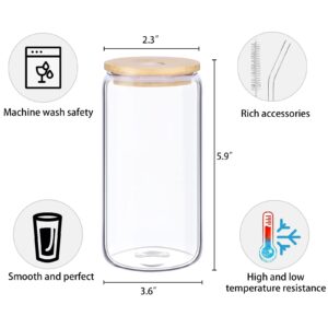 Glass Cups Bamboo Lids for Beer Can Glass 16oz, Drinking Glasses Beer Can Glasses Set of 4, Iced Coffee Cups, Beer Glass Cups, Beer Can Glass with Lids and Straw, Glass Cups with Lids and Straws