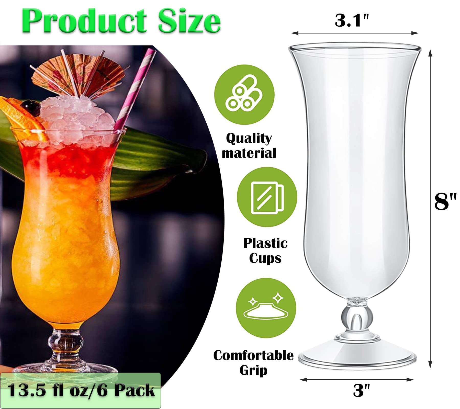 Cheardia 6 Pack Plastic Hurricane Glass, 13.5 oz Pina Colada Glasses Break-Resistant Clear Tulip Drinking Cups for Juices, Cocktails, Full-Bodied Beer, Tropical Drinks, Water, Beverages