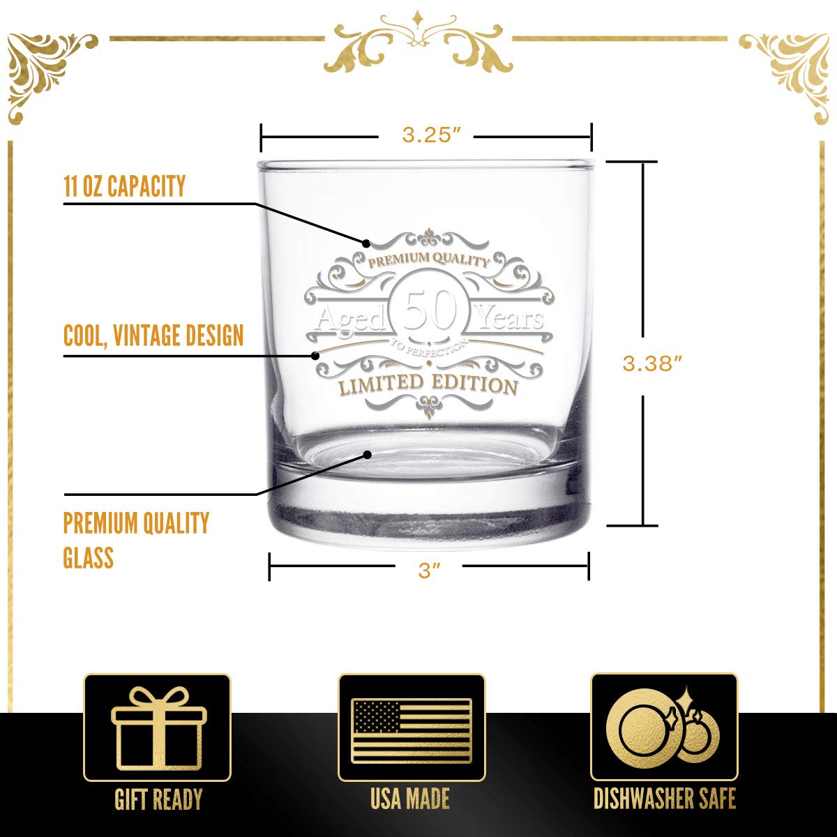 Vintage Edition Birthday Whiskey Scotch Glass (50th Anniversary) 11 oz- Vintage Happy Birthday Old Fashioned Whiskey Glasses for 50 Year Old- Classic Lowball Rocks Glass- Birthday, Reunion Gift