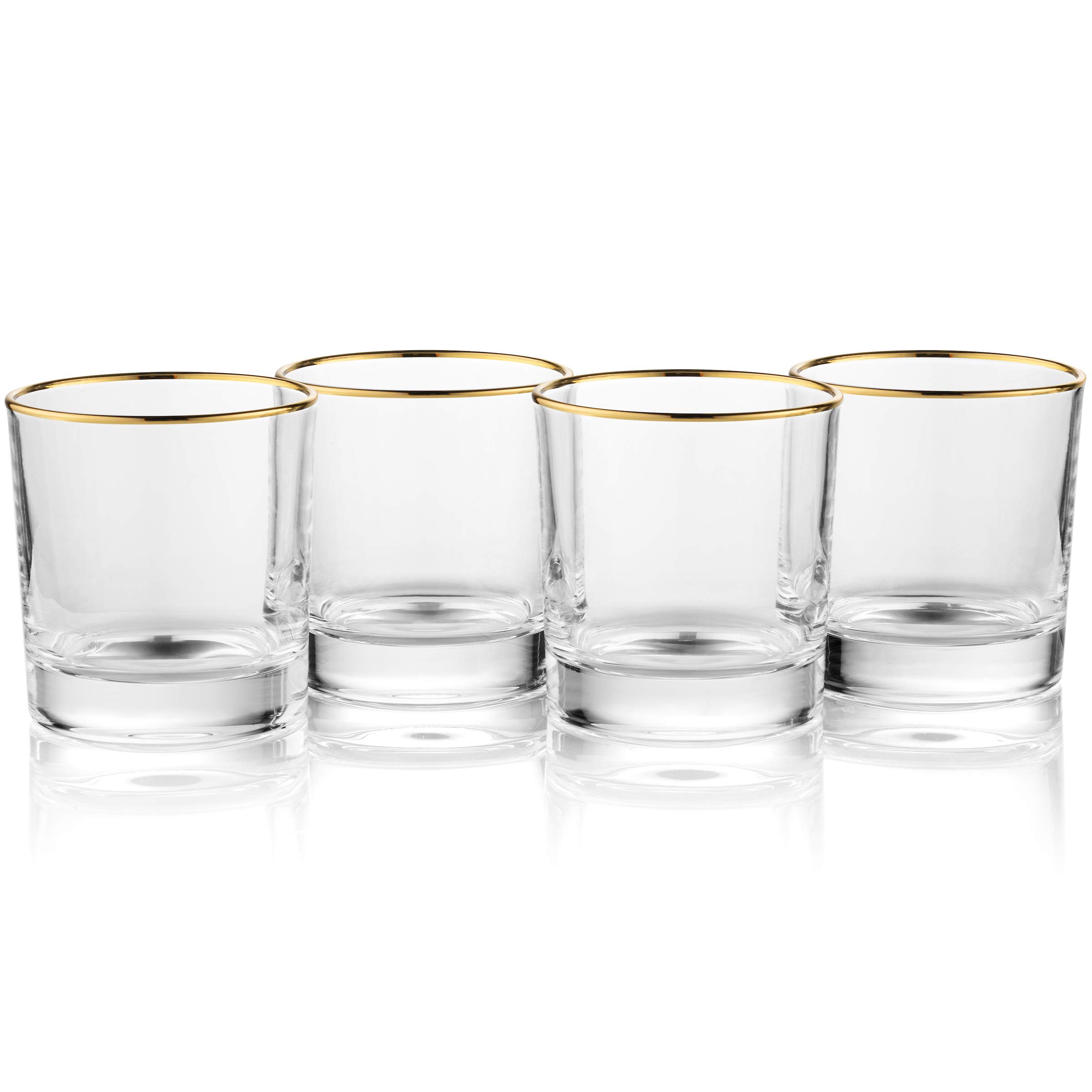 Whiskey Glasses Set of 4 Simple Design with 24K Gold Rim | Bar Glasses | Old Fashioned Tumblers | Lowball Glasses | Rocks Glasses | Standard12 OZ Drinking Glass