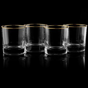 Whiskey Glasses Set of 4 Simple Design with 24K Gold Rim | Bar Glasses | Old Fashioned Tumblers | Lowball Glasses | Rocks Glasses | Standard12 OZ Drinking Glass