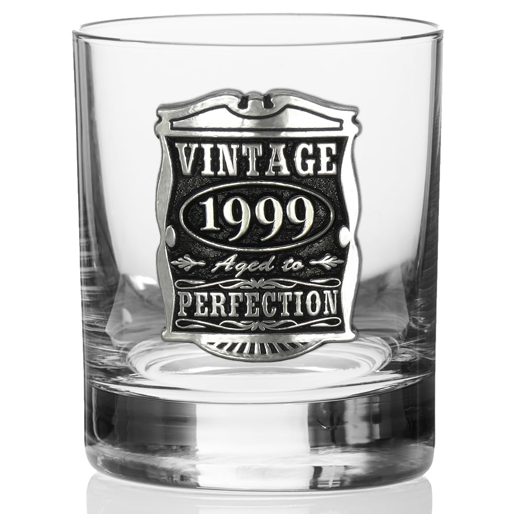 English Pewter Company Vintage Years 1999 25th Birthday or Anniversary Old Fashioned Whisky Rocks Glass Tumbler - Unique Gift Idea For Men [VIN005]