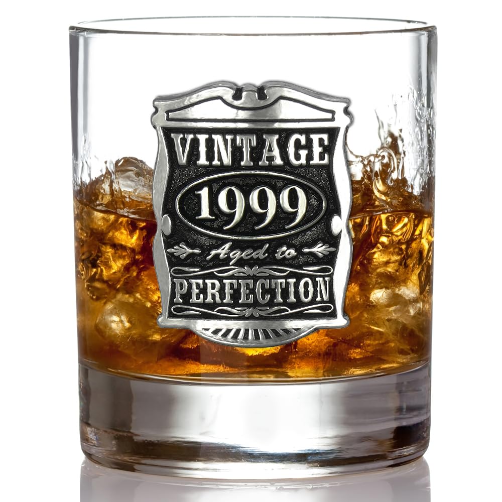 English Pewter Company Vintage Years 1999 25th Birthday or Anniversary Old Fashioned Whisky Rocks Glass Tumbler - Unique Gift Idea For Men [VIN005]