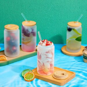 Tessco 50 Pack 16oz Sublimation Glass Blanks Frosted with Bamboo Lid Sublimation Beer Can Shaped Glass Wide Glass Cups Mugs Drinking Frosted Glass Tumbler with Straw, Sponge Brush, Straw Brush