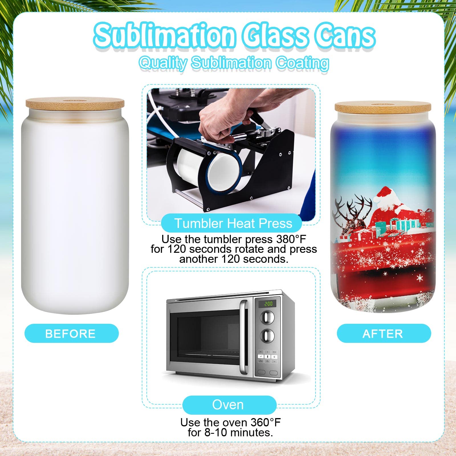 Tessco 50 Pack 16oz Sublimation Glass Blanks Frosted with Bamboo Lid Sublimation Beer Can Shaped Glass Wide Glass Cups Mugs Drinking Frosted Glass Tumbler with Straw, Sponge Brush, Straw Brush