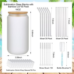 Tessco 50 Pack 16oz Sublimation Glass Blanks Frosted with Bamboo Lid Sublimation Beer Can Shaped Glass Wide Glass Cups Mugs Drinking Frosted Glass Tumbler with Straw, Sponge Brush, Straw Brush