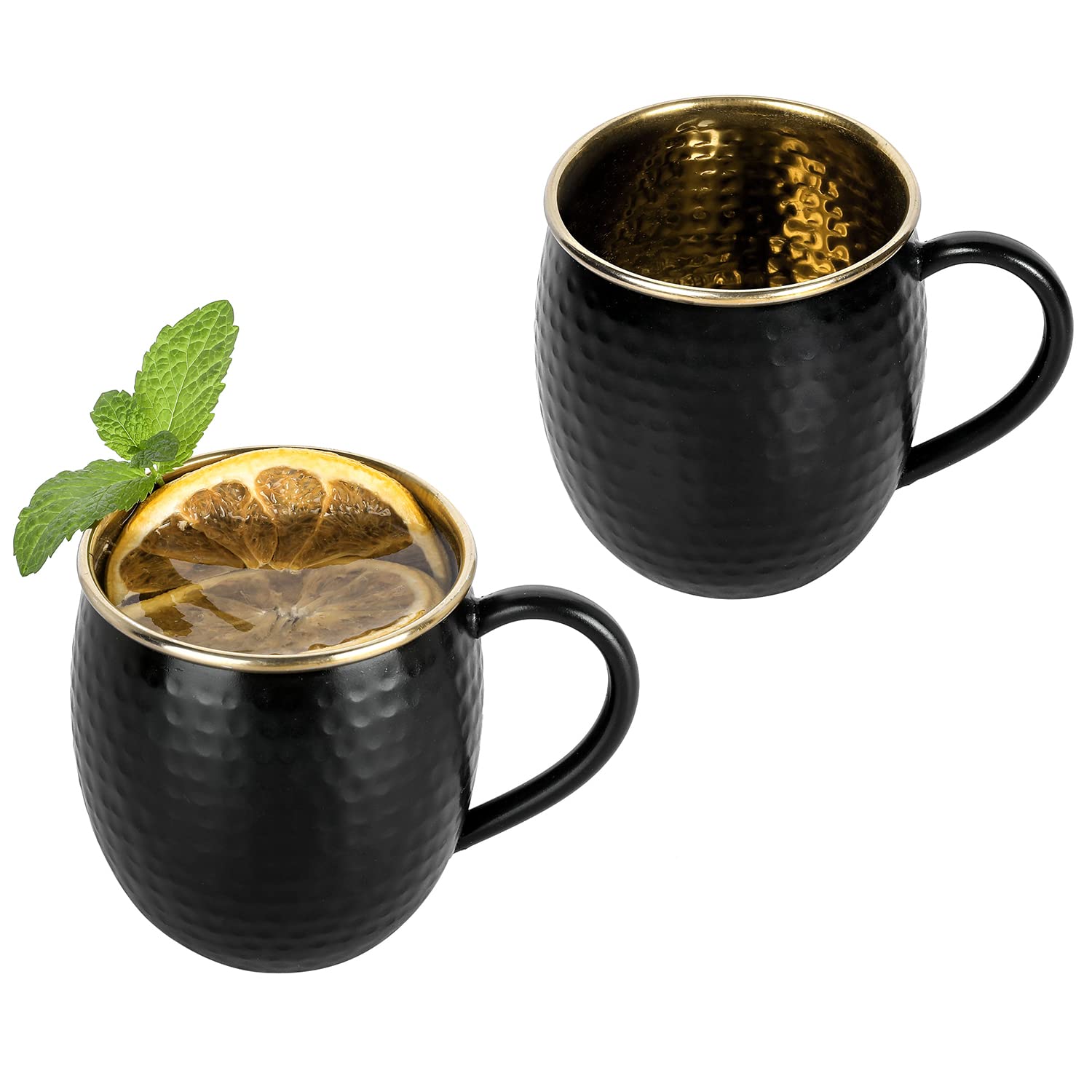 MyGift Matte Black Hammered Moscow Mule Mugs with Gold Interior, 18 oz Modern Stainless Steel Cocktail Moscow Mule Cup, Set of 2 - Handcrafted in India