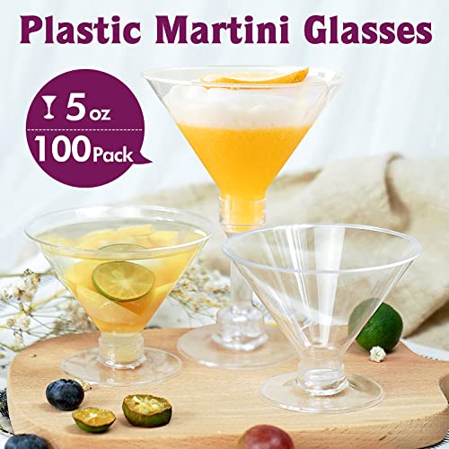 KYAPCK 100 Pack 5oz Plastic Martini Glasses Disposable Mini Martini Cocktail Clear Glasses with Stemmed and Stemless Options for Margarita, Appetizers, and Desserts at Weddings, Parties, and Events