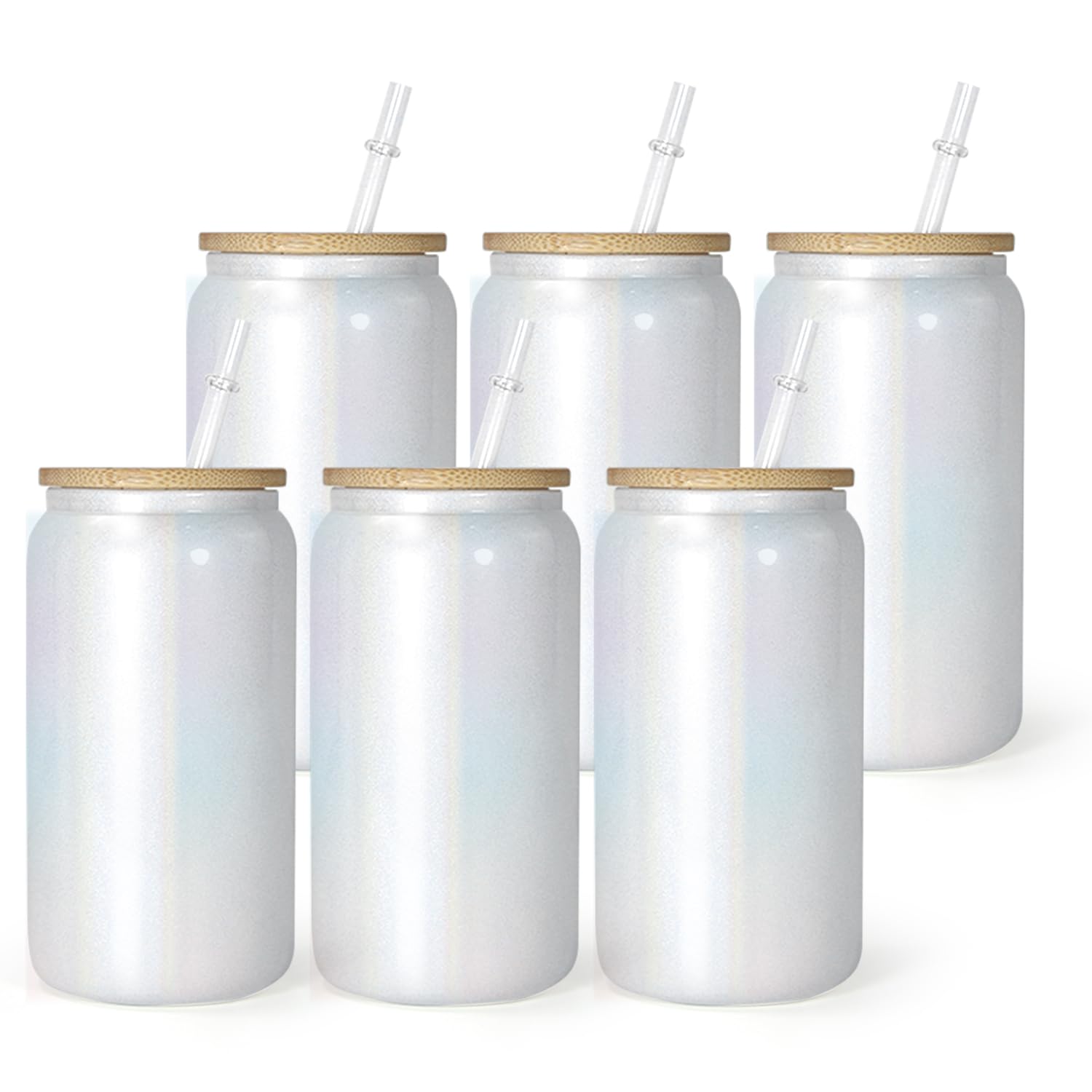 AGH 6 PACK Sublimation Blanks Iridescent Glass Can Tumbler Bulk Sparkling Rainbow White 16 OZ Sublimation Glass Can with Bamboo Lid and Straw for Iced Coffee, Juice, Soda, Drinks