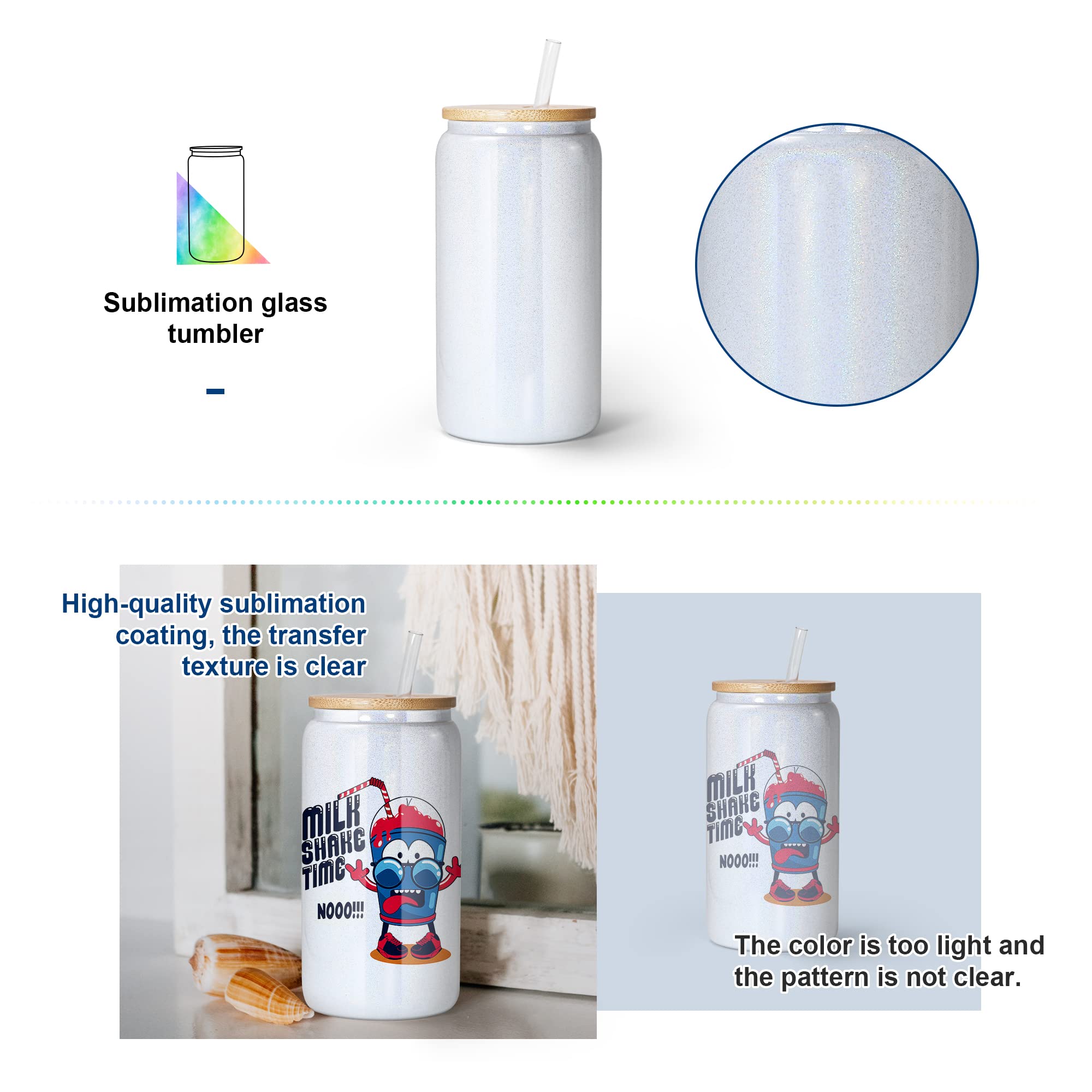 AGH 6 PACK Sublimation Blanks Iridescent Glass Can Tumbler Bulk Sparkling Rainbow White 16 OZ Sublimation Glass Can with Bamboo Lid and Straw for Iced Coffee, Juice, Soda, Drinks