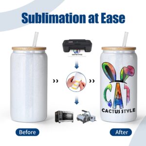 AGH 6 PACK Sublimation Blanks Iridescent Glass Can Tumbler Bulk Sparkling Rainbow White 16 OZ Sublimation Glass Can with Bamboo Lid and Straw for Iced Coffee, Juice, Soda, Drinks