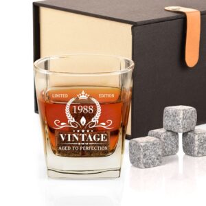 36th birthday gifts for men, vintage 1988 whiskey glass and stones funny 36 birthday gift for husband boyfriend brother, 36 anniversary present ideas for him, 36 year old bday decorations 12oz