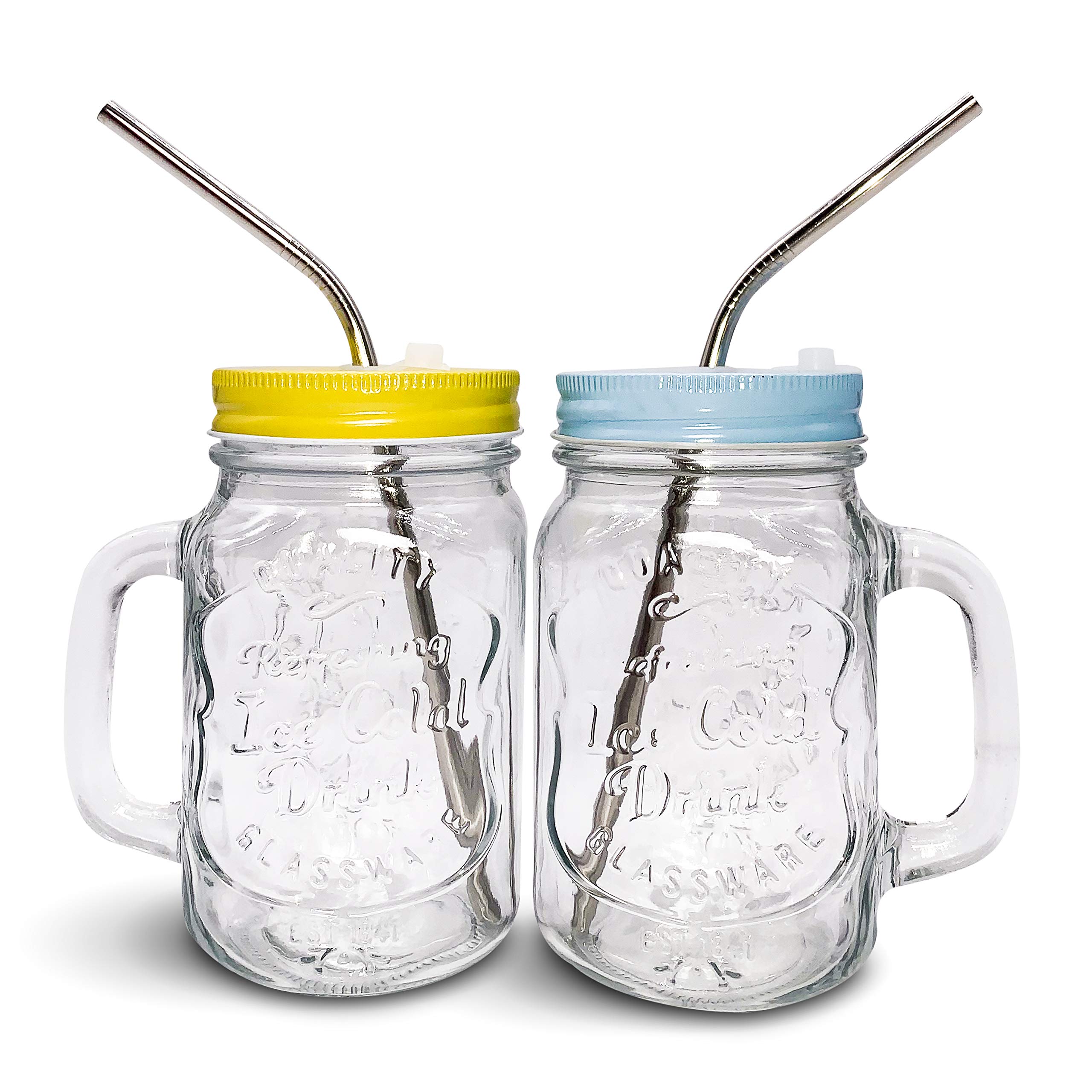 Home Suave mason jars 16 oz with lids, handle & 2 Reusable Stainless Steel Straws, Regular Mouth, Set of 2 (Light Blue & Yellow). Glass cup with lid and straw. Iced coffee cups with lids.