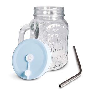 Home Suave mason jars 16 oz with lids, handle & 2 Reusable Stainless Steel Straws, Regular Mouth, Set of 2 (Light Blue & Yellow). Glass cup with lid and straw. Iced coffee cups with lids.