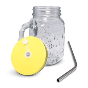 Home Suave mason jars 16 oz with lids, handle & 2 Reusable Stainless Steel Straws, Regular Mouth, Set of 2 (Light Blue & Yellow). Glass cup with lid and straw. Iced coffee cups with lids.