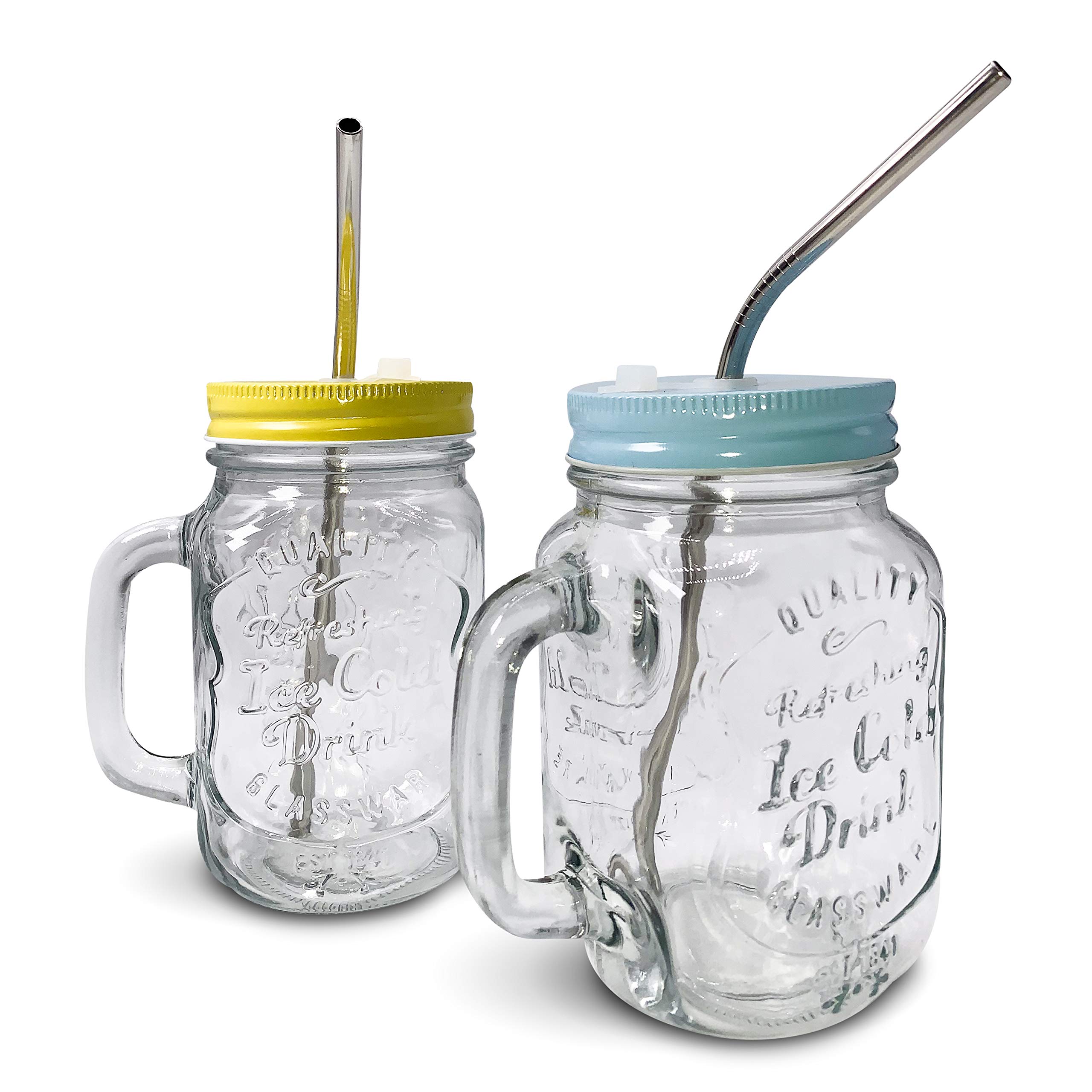 Home Suave mason jars 16 oz with lids, handle & 2 Reusable Stainless Steel Straws, Regular Mouth, Set of 2 (Light Blue & Yellow). Glass cup with lid and straw. Iced coffee cups with lids.