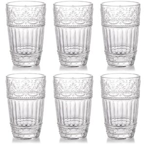 avla 6 pack romantic water glasses, 12 oz drinking glasses tumblers, vintage iced coffee glassware set, premium bar drinkware cup for beverages, tea, juice, whiskey, cocktail, embossed design