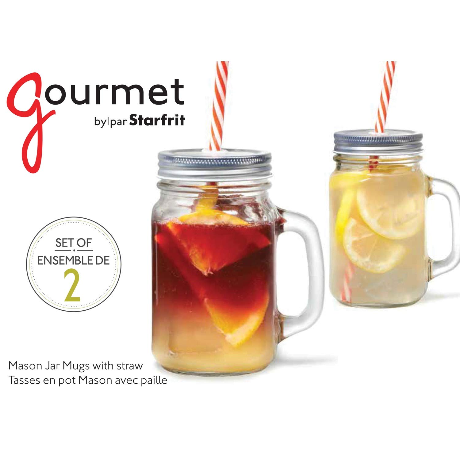 Starfrit 2-Pack Mason Jar Mugs with Reuseable Straws, Clear