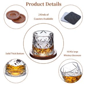 Spinning Crystal Whiskey Glasses 10.8 oz Set of 2, Big Size Rotatable Drinking Bourbon Glasses with coasters, Stress & Anxiety relief Tumbler For Scotch , Cocktails, Coffee , Father's Day Gift