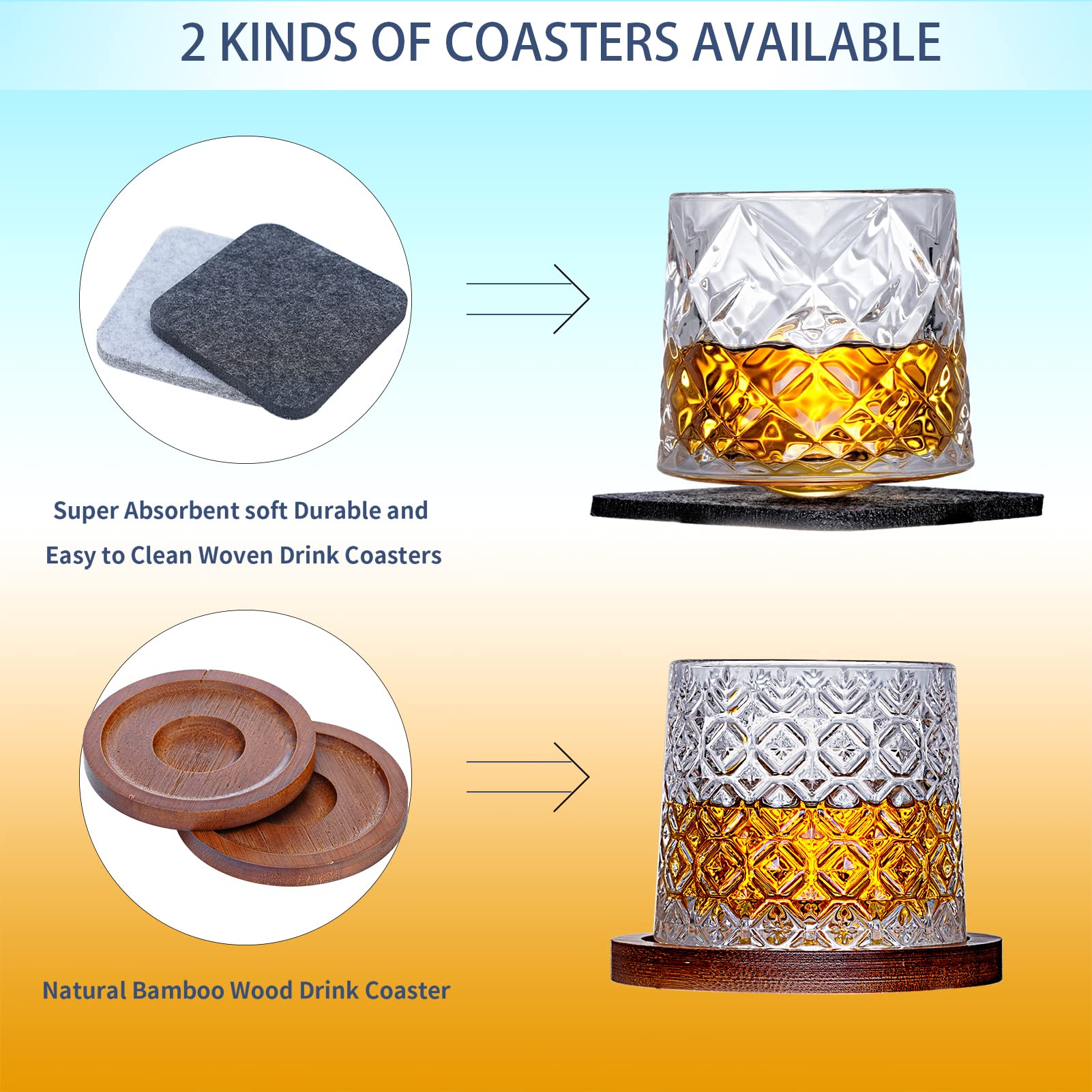 Spinning Crystal Whiskey Glasses 10.8 oz Set of 2, Big Size Rotatable Drinking Bourbon Glasses with coasters, Stress & Anxiety relief Tumbler For Scotch , Cocktails, Coffee , Father's Day Gift