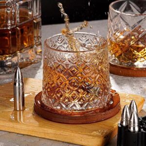 Spinning Crystal Whiskey Glasses 10.8 oz Set of 2, Big Size Rotatable Drinking Bourbon Glasses with coasters, Stress & Anxiety relief Tumbler For Scotch , Cocktails, Coffee , Father's Day Gift