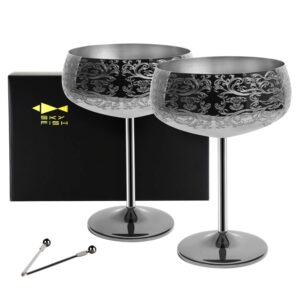 sky fish 14 oz etching martini cocktail glasses,black plated stainless steel set of 2 with 2 cocktail picks