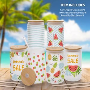 AnTaoTao Sublimation Glass Cans Blanks Frosted 18 OZ with Bamboo Lid and Clear Glass Straw Beer Cans Wide Mouth Jar 6 Pack Reusable Tumbler Cups Mugs for Iced Coffee, Tea, Juice, Soda, DIY Gift