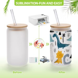 AnTaoTao Sublimation Glass Cans Blanks Frosted 18 OZ with Bamboo Lid and Clear Glass Straw Beer Cans Wide Mouth Jar 6 Pack Reusable Tumbler Cups Mugs for Iced Coffee, Tea, Juice, Soda, DIY Gift