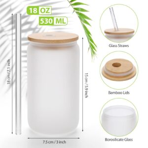 AnTaoTao Sublimation Glass Cans Blanks Frosted 18 OZ with Bamboo Lid and Clear Glass Straw Beer Cans Wide Mouth Jar 6 Pack Reusable Tumbler Cups Mugs for Iced Coffee, Tea, Juice, Soda, DIY Gift