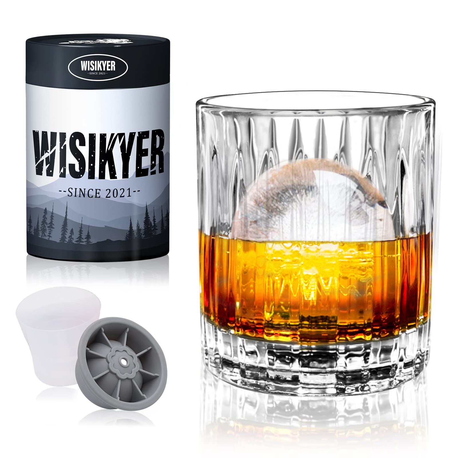 WISIKYER Whiskey Glasses, 9oz, Spinning Bourbon Glass with Ice Ball Mold in Gift Box - Old Fashioned Rocks Glasses for Scotch Cocktail Rum Vodka Liquor