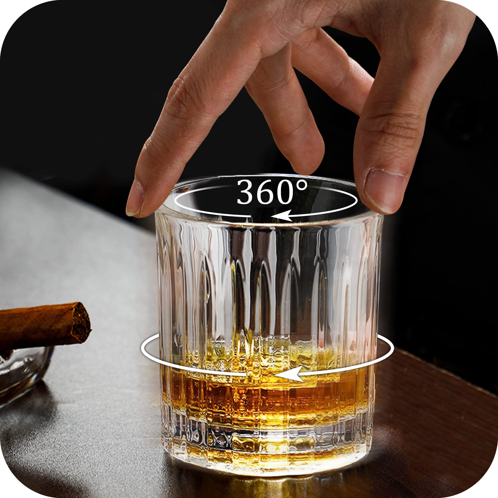 WISIKYER Whiskey Glasses, 9oz, Spinning Bourbon Glass with Ice Ball Mold in Gift Box - Old Fashioned Rocks Glasses for Scotch Cocktail Rum Vodka Liquor