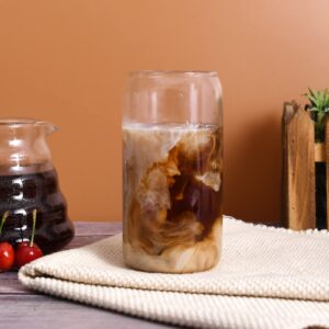 VIKEYHOME 2 Pack Drinking Glasses, Can-shaped Glass Cups with Bamboo Lids and Gold Stainless Steel Straws, 16 oz Beer Glasses, Iced Coffee Glasses, Cute Tumbler for Jam, Juices and Cocktail