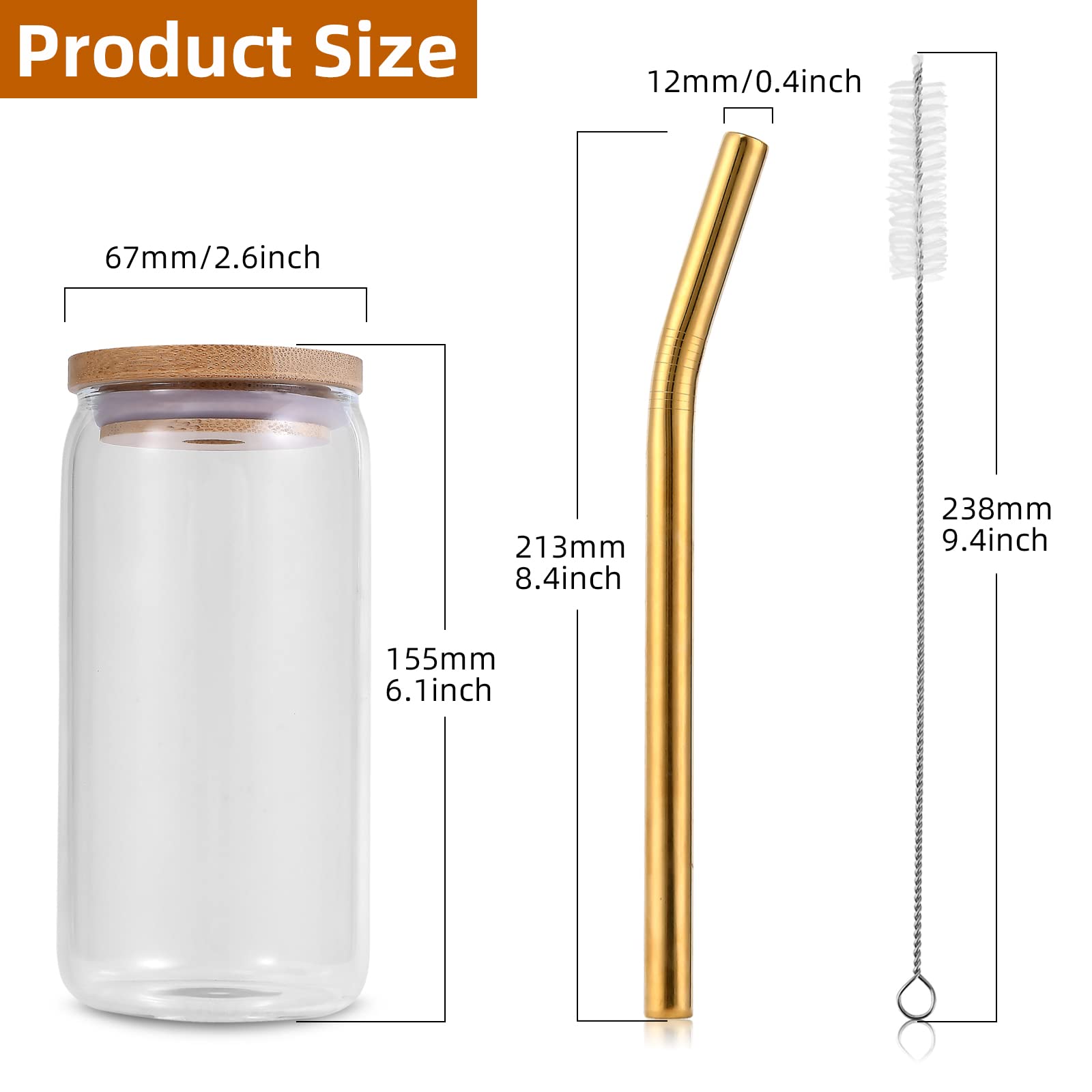 VIKEYHOME 2 Pack Drinking Glasses, Can-shaped Glass Cups with Bamboo Lids and Gold Stainless Steel Straws, 16 oz Beer Glasses, Iced Coffee Glasses, Cute Tumbler for Jam, Juices and Cocktail