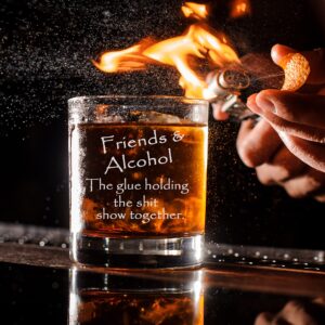 CARVELITA Friends & Alcohol The Glue Holding This Shit Show Together Engraved Whiskey Glass - 11oz Engraved Old Fashioned Rocks Glass - Sarcastic Gifts For Best Friends - Perfect Party Decoration Idea