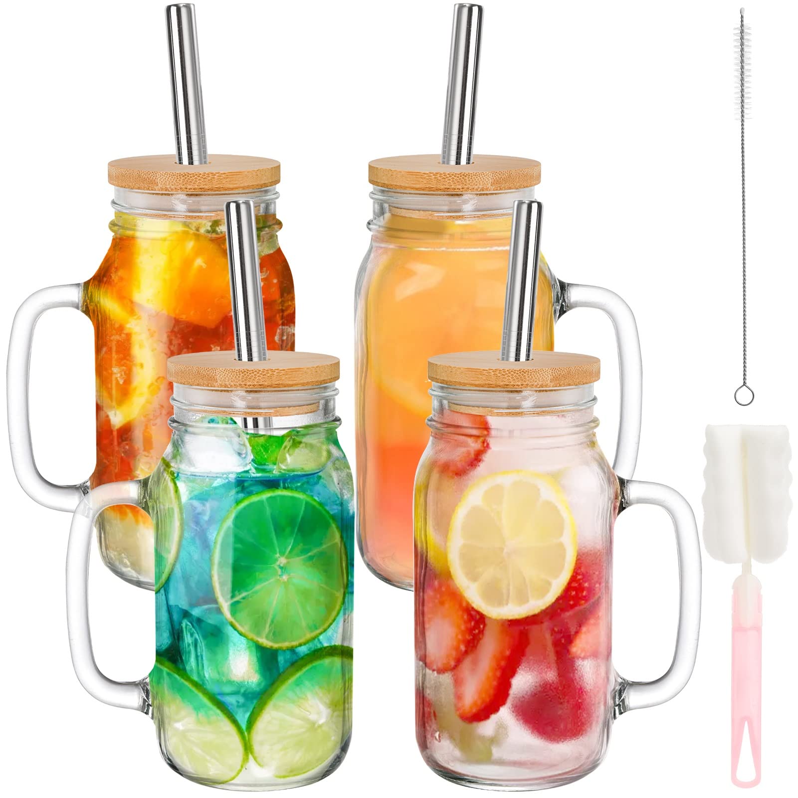 Tebery 4 Pack Mason Jar Cups with Bamboo Lids and Stainless Steel Straws, 24Oz Old Fashioned Drinking Jars Glass Bottles with Handle, Reusable Boba Cups for Iced Coffee Pearl Juices Cocktail