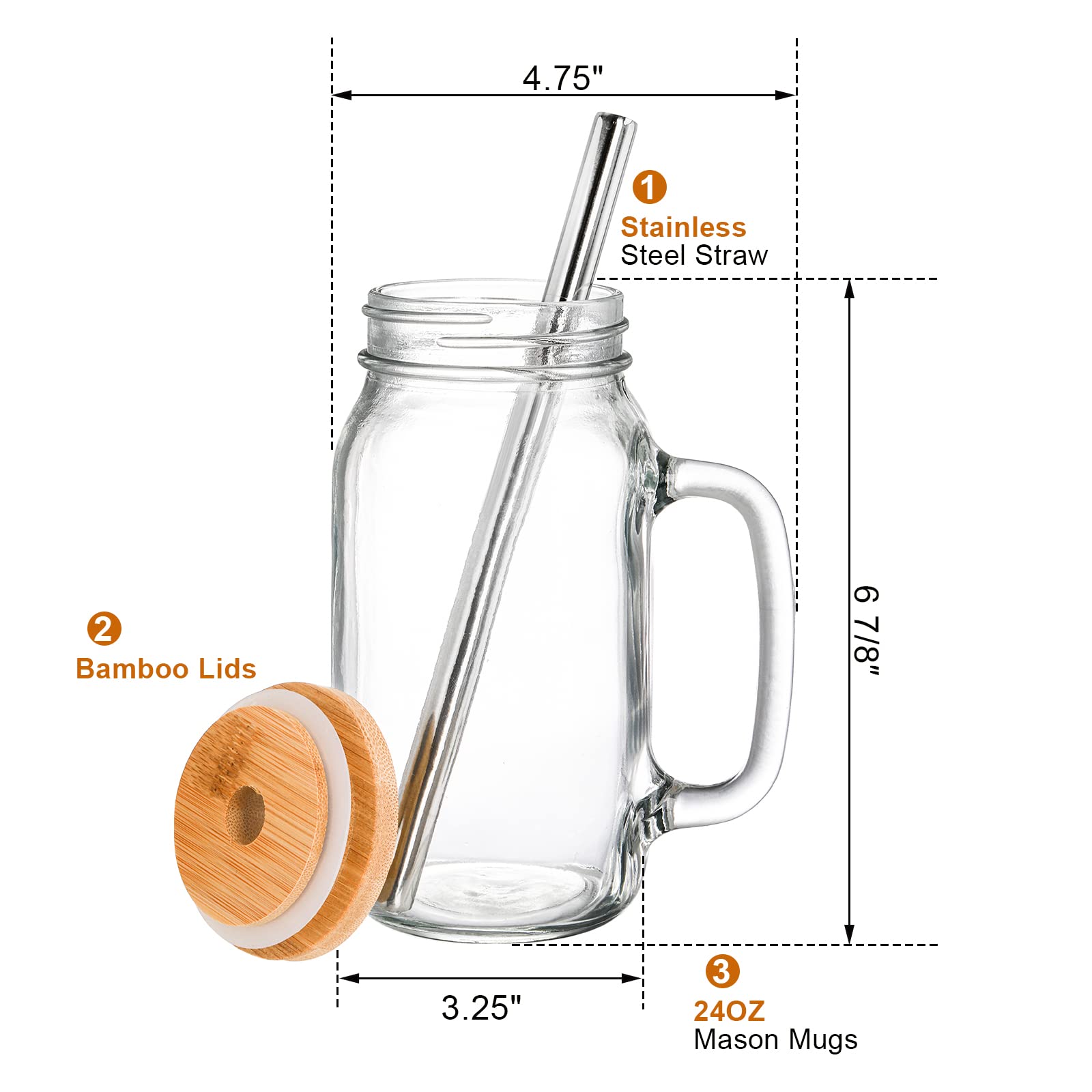 Tebery 4 Pack Mason Jar Cups with Bamboo Lids and Stainless Steel Straws, 24Oz Old Fashioned Drinking Jars Glass Bottles with Handle, Reusable Boba Cups for Iced Coffee Pearl Juices Cocktail