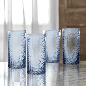 Elle Decor Bistro Croc 4 Pc Set Highball, Blue-Glass Elegant Barware and Drinkware, Dishwasher Safe, 4 Count (Pack of 1)