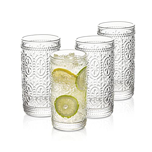 SoulTimes Vintage Glassware Embossed Glass Cups Set of 4, 12 oz Romantic Water Glasses, Highball Beverage Glasses Cup, Cocktail Glasses Drinking Glasses, for Juice, Beverages, Cocktail, Water