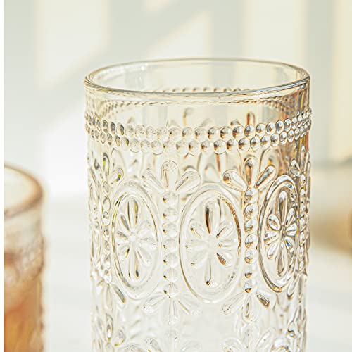 SoulTimes Vintage Glassware Embossed Glass Cups Set of 4, 12 oz Romantic Water Glasses, Highball Beverage Glasses Cup, Cocktail Glasses Drinking Glasses, for Juice, Beverages, Cocktail, Water