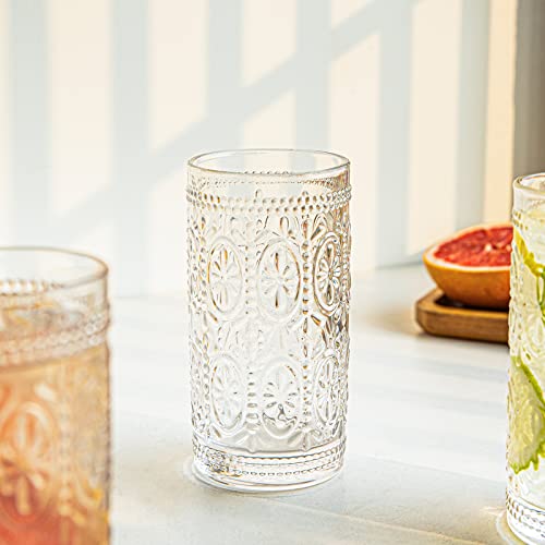 SoulTimes Vintage Glassware Embossed Glass Cups Set of 4, 12 oz Romantic Water Glasses, Highball Beverage Glasses Cup, Cocktail Glasses Drinking Glasses, for Juice, Beverages, Cocktail, Water