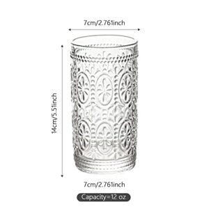 SoulTimes Vintage Glassware Embossed Glass Cups Set of 4, 12 oz Romantic Water Glasses, Highball Beverage Glasses Cup, Cocktail Glasses Drinking Glasses, for Juice, Beverages, Cocktail, Water