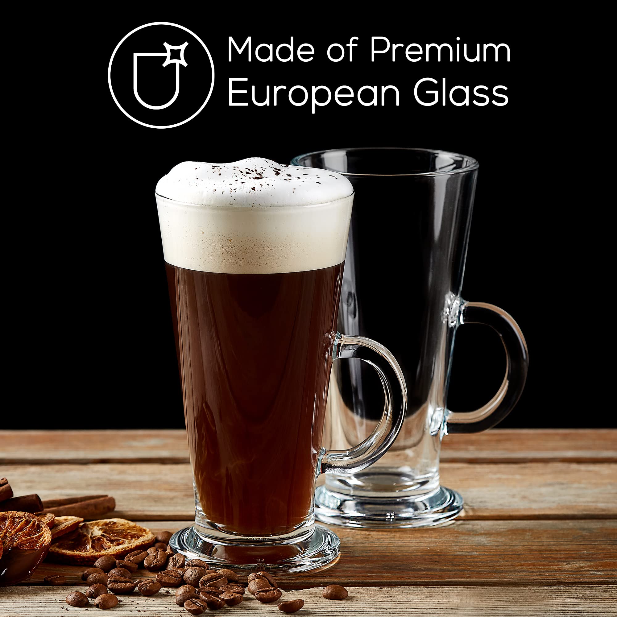 Crystalia Tall Irish Coffee Mugs with Handle, Large Colombian Glasses Set of 2, Tall Funnel Clear Glasses for Iced Coffee, Latte, Cappuccino, and Hot Chocolate, Big Plain Glasses (Large 12 oz)