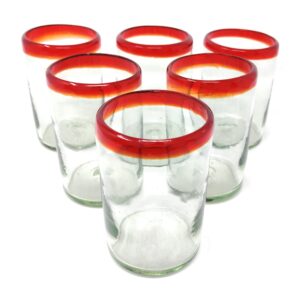 dos sueños hand blown mexican drinking glasses - set of 6 glasses with red rims (14 oz each)