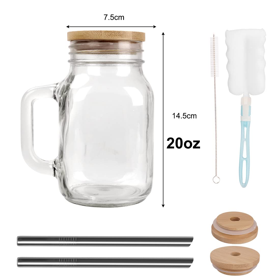 AmzFan Mason Jar with Lid and Straw, 2 Pack 20 OZ Mason Jars with Handle, Mason Jar Cups, Drinking Glasses Tumbler Reusable Boba Cups Smoothie Water Bottles for Iced Coffee, Milkshake, Smoothie, Tea