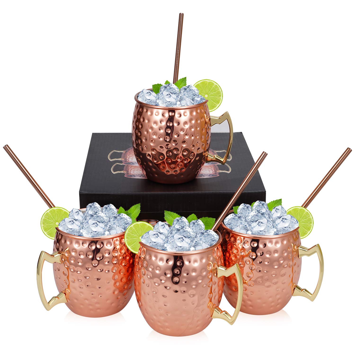 Set of 4 Copper Hammered Moscow Mule Mugs Drinking Cup with 4 Copper Straws, Great Dining Entertaining Bar Gift Set