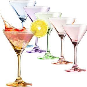 The Wine Savant Martini Glasses Set of 6, 8oz, Crystal Luxury Martini Glass - Elegant Colors, Hand-Blown, Art Deco Cocktail Colored Coupes For Manhattan, Cosmopolitan, Sidecar, Stemmed Goblets