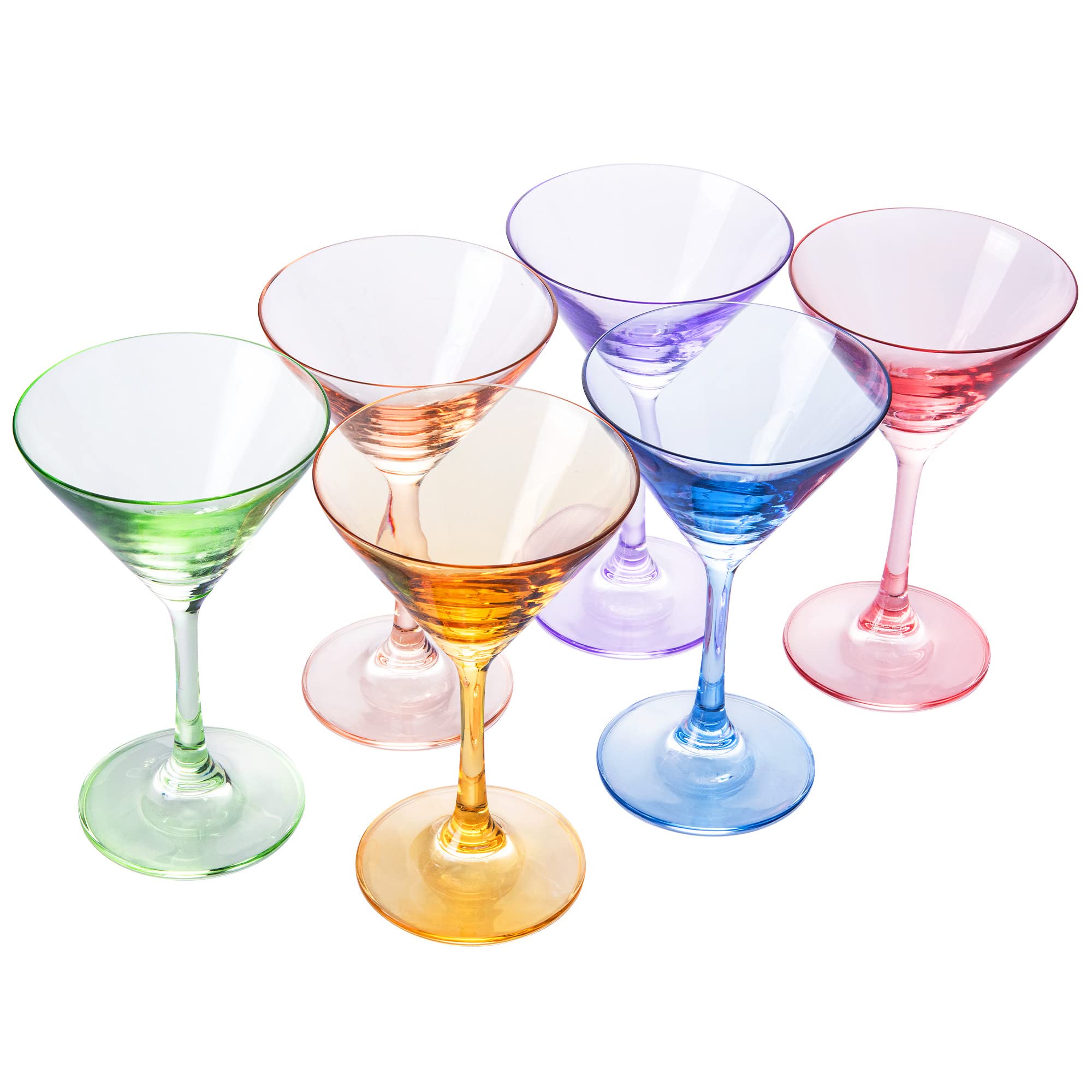 The Wine Savant Martini Glasses Set of 6, 8oz, Crystal Luxury Martini Glass - Elegant Colors, Hand-Blown, Art Deco Cocktail Colored Coupes For Manhattan, Cosmopolitan, Sidecar, Stemmed Goblets