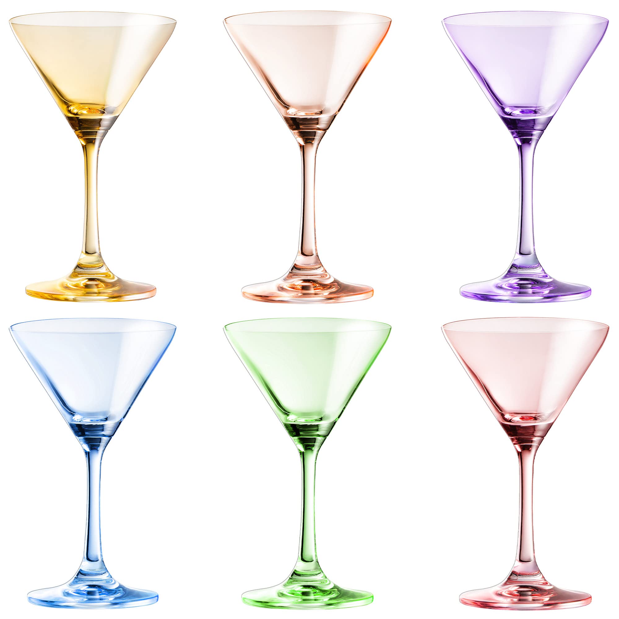 The Wine Savant Martini Glasses Set of 6, 8oz, Crystal Luxury Martini Glass - Elegant Colors, Hand-Blown, Art Deco Cocktail Colored Coupes For Manhattan, Cosmopolitan, Sidecar, Stemmed Goblets