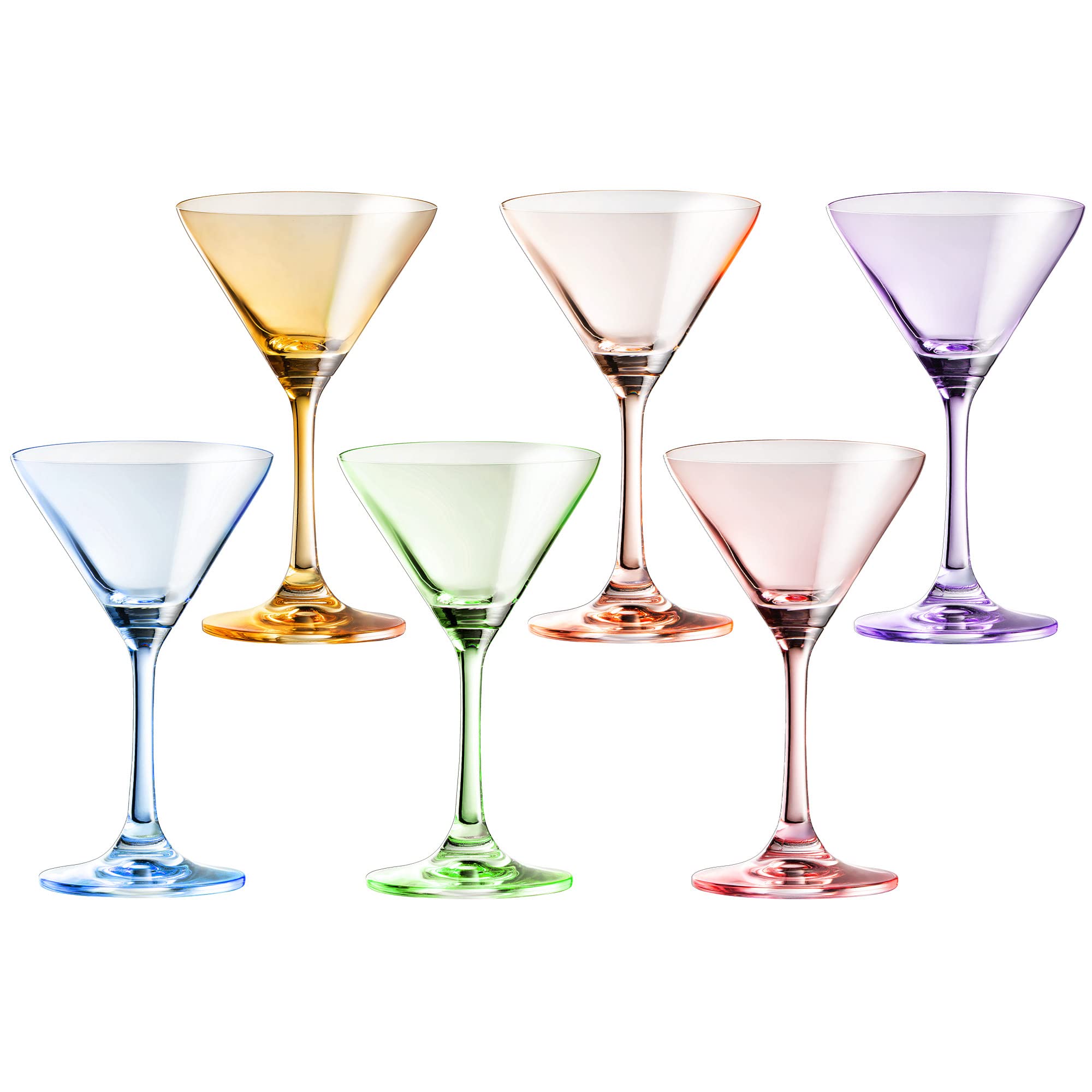 The Wine Savant Martini Glasses Set of 6, 8oz, Crystal Luxury Martini Glass - Elegant Colors, Hand-Blown, Art Deco Cocktail Colored Coupes For Manhattan, Cosmopolitan, Sidecar, Stemmed Goblets