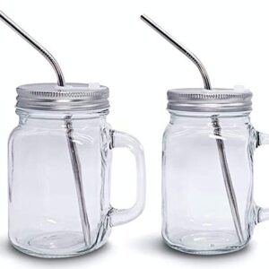 Home Suave 20 oz Mason Jar Mug with Handle, Regular Mouth, Lids with 2 Reusable Stainless Steel Straw, Set of 2 (Silver), Kitchen Glass 20 oz Jars, Dishwasher Safe